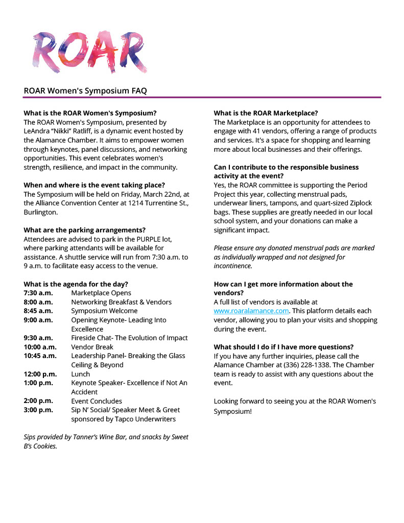 Attendee FAQ - ROAR 2024 Alamance Women's Symposium - Alamance County Area Chamber of Commerce